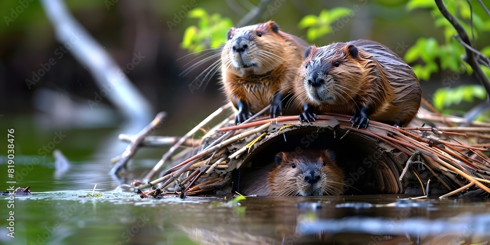 North American beavers building a dam in a Canadian river. Concept ...