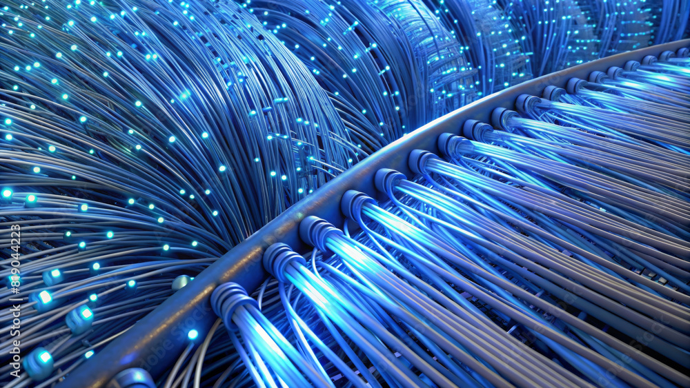 Many blue fiber optic cables create a tangled web of lines, suggesting ...