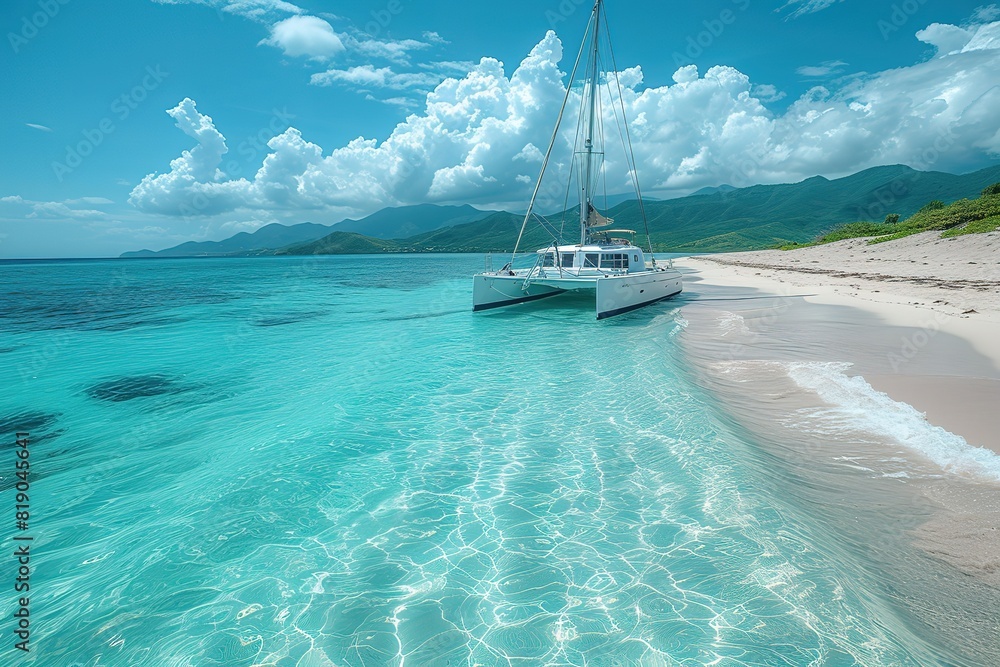 Sailing Catamaran Beach Anchorage A catamaran anchored near a sandy ...