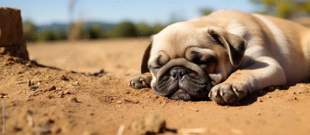 Tiresome puppy pug lying down with sickness and dying of heat stroke ...