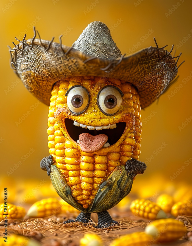 Funny corn cob with cowboy hat. A corn character wearing a cowboy hat ...
