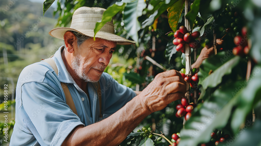 Owner of a Colombian coffee field inspecting the beans for quality and ...