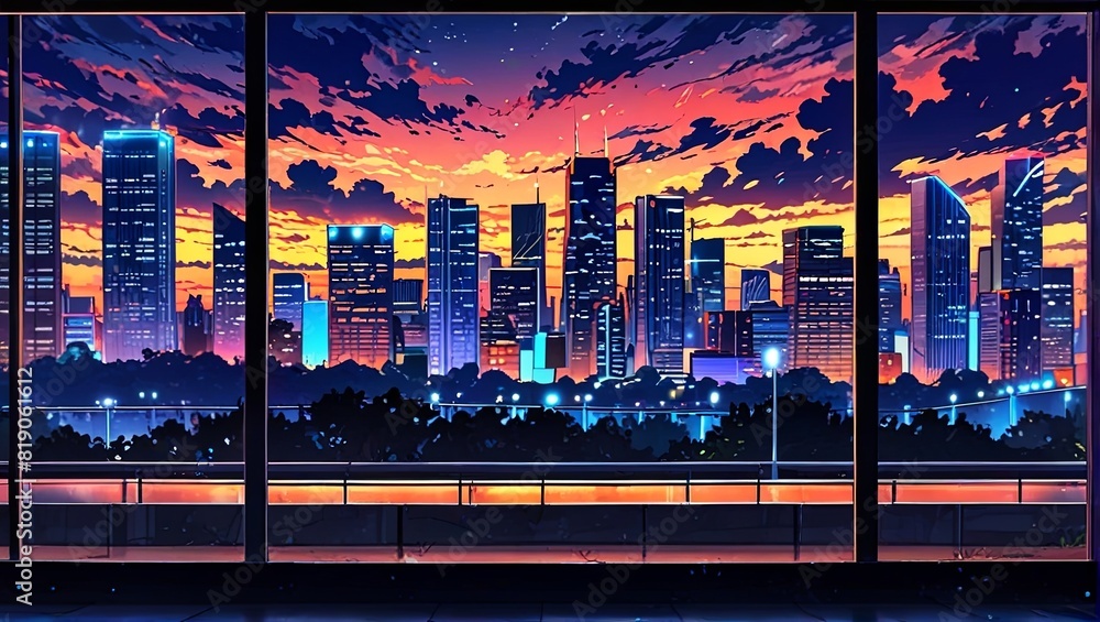 Panoramic view, landscape, city skyline, buildings, Anime illustration ...