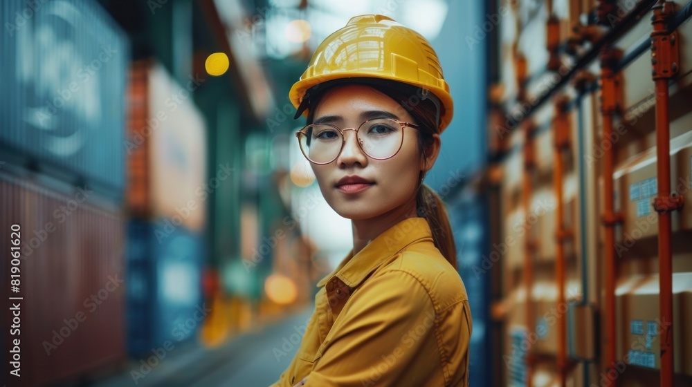 Female workers in the container industry transporting imports and exports of goods to the ...
