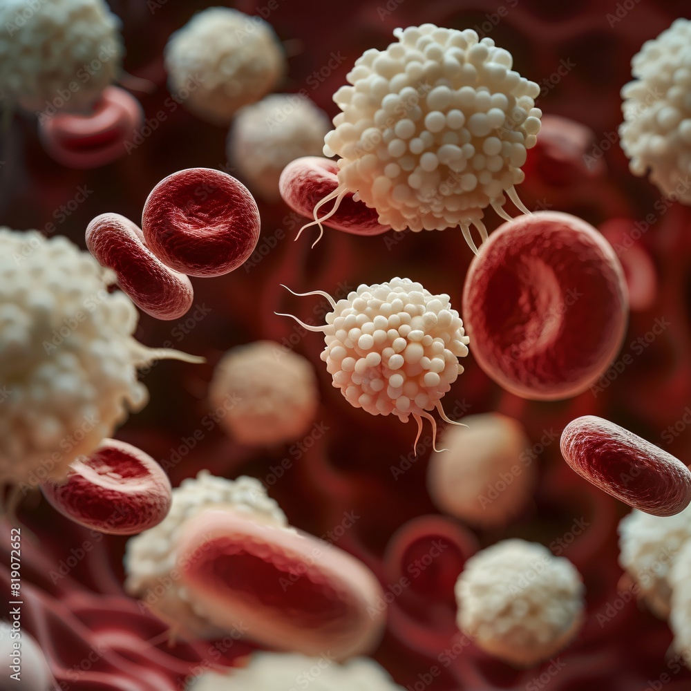 Close-up of blood cells and white blood cells in the bloodstream ...