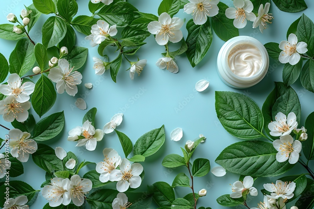 Beauty background with facial cosmetic products, leaves and cherry ...