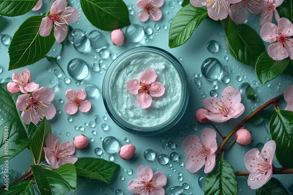Beauty background with facial cosmetic products, leaves and cherry ...