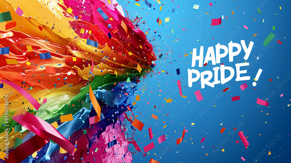Confetti explodes in a burst of color behind bold, white text "HAPPY ...