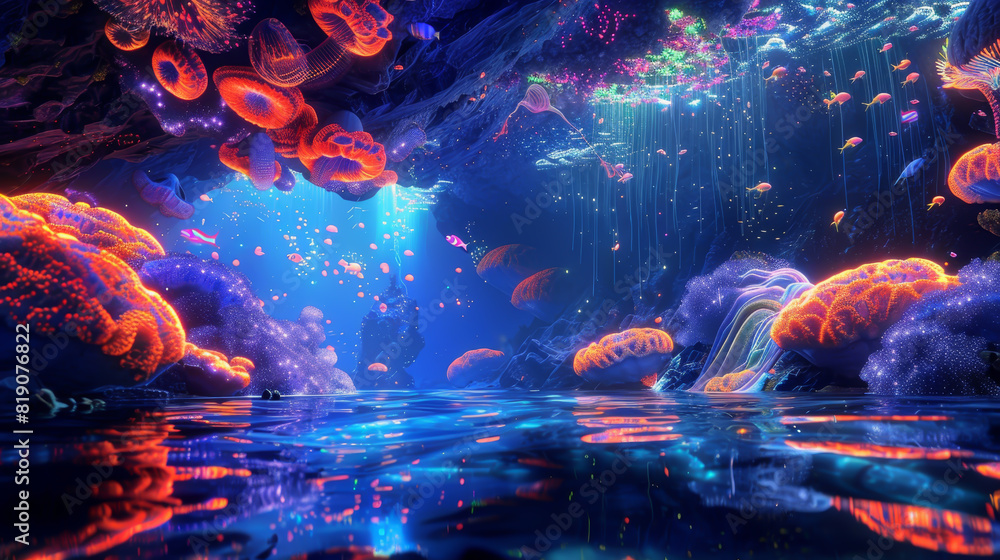 Psychedelic ocean scene with glowing sea creatures and vibrant corals ...