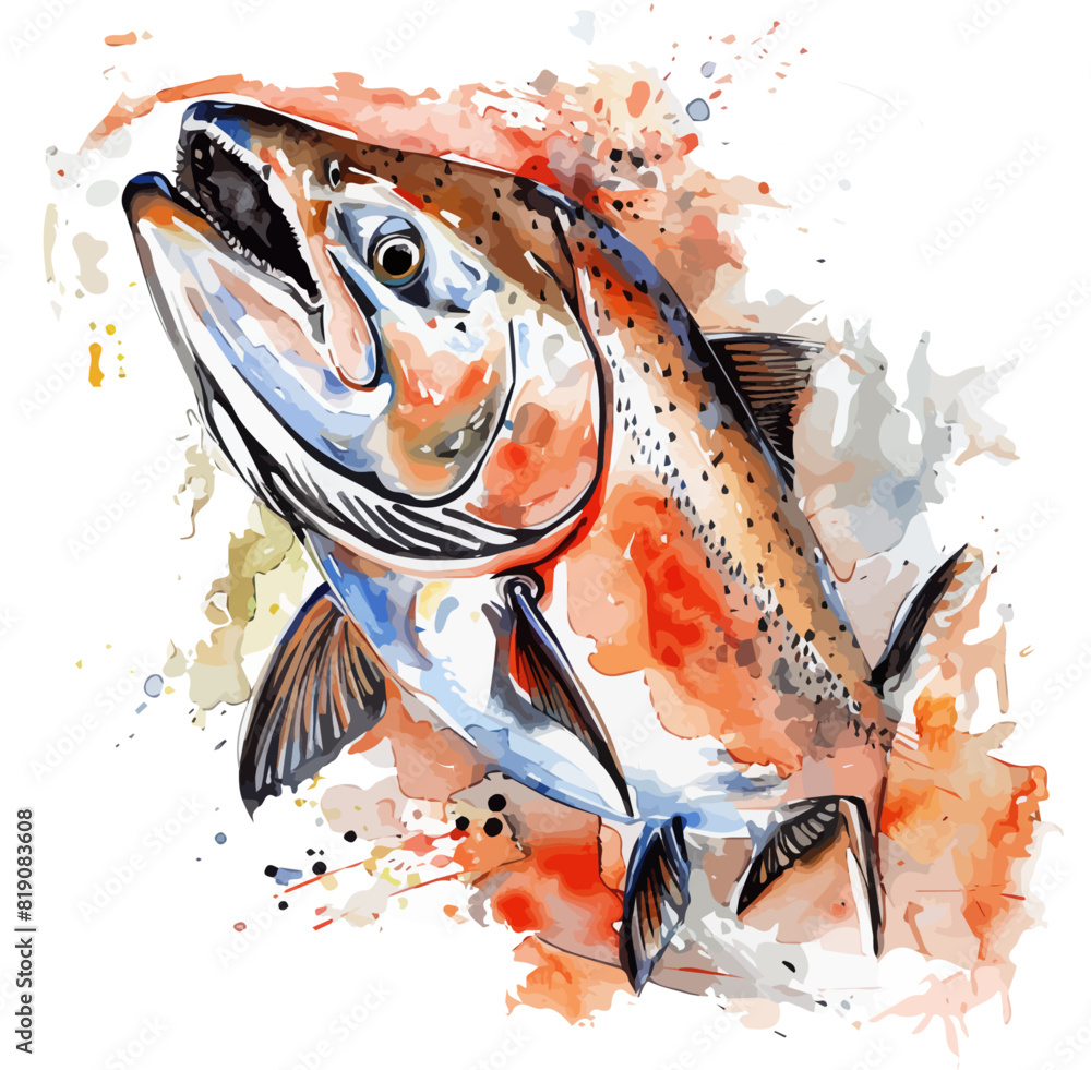 Watercolor vector of a salmon (fish), isolated on a white background ...