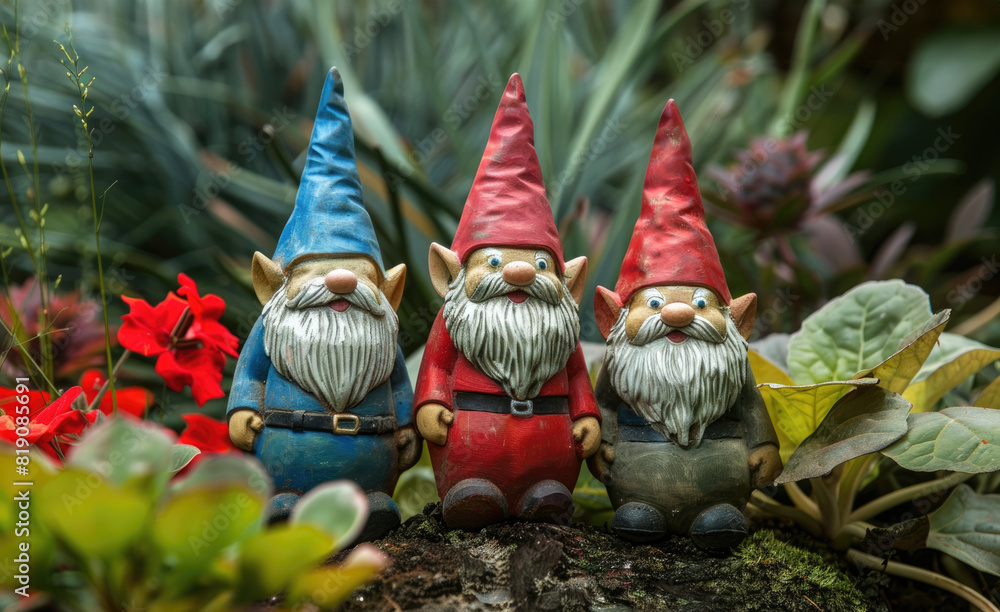 Three garden gnomes are sitting on a log in a garden. The gnomes are ...