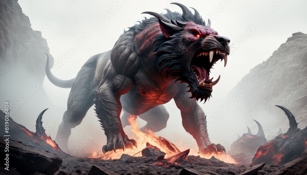 A monstrous lion with fiery red eyes and black mane roars amidst ...