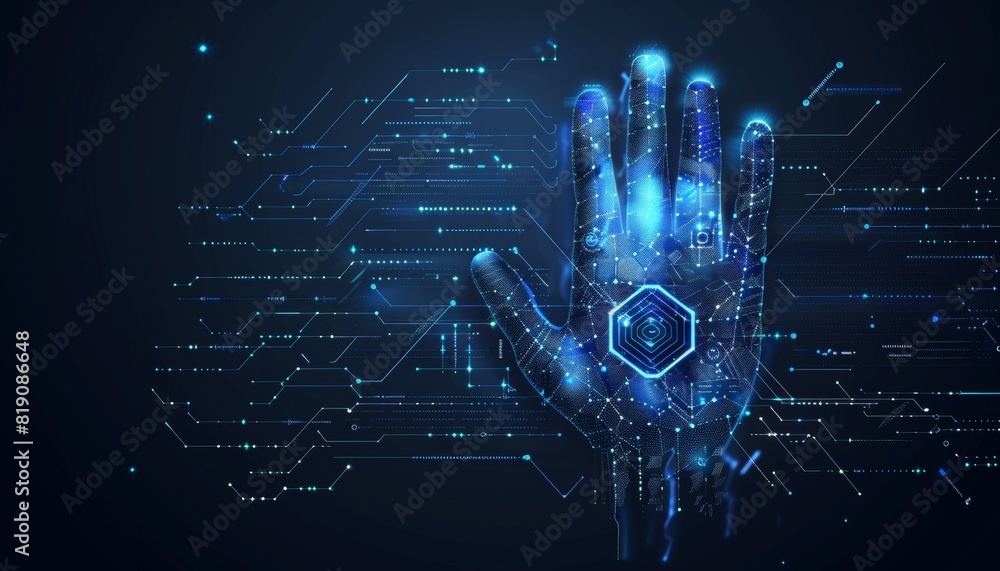 Digital technology background with hologram hand symbol for biometric ...