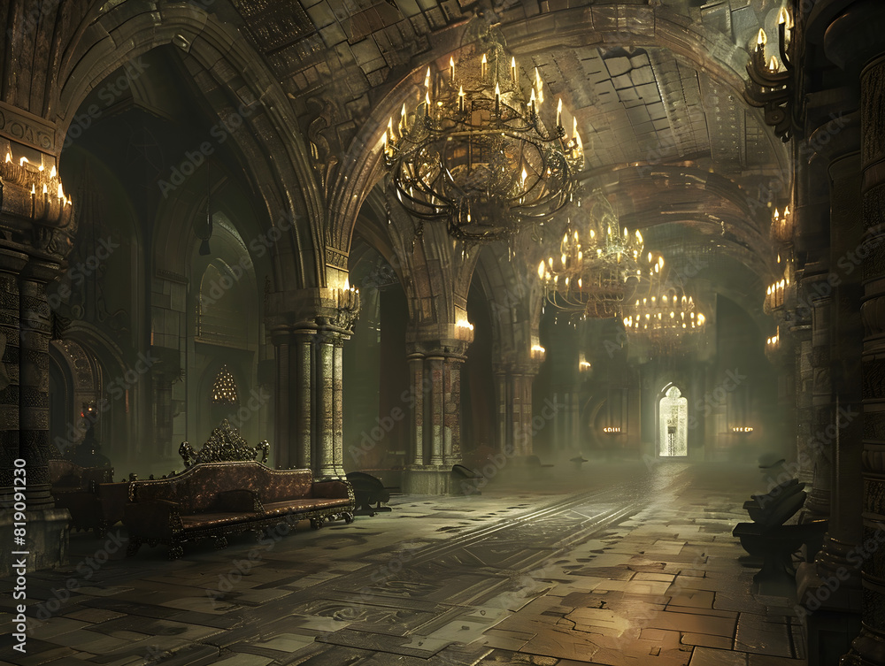 Grand Opulent Gothic Hall with High Arched Ceilings, Intricate Stone ... Grand Opulent Gothic Hall with High Arched Ceilings, Intricate Stone ...
