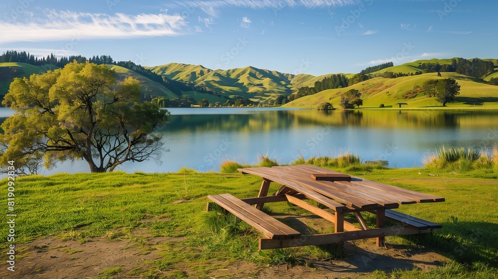 Serene lakeside picnic spot with table, benches, and hills, perfect for a quiet break. Stock ...
