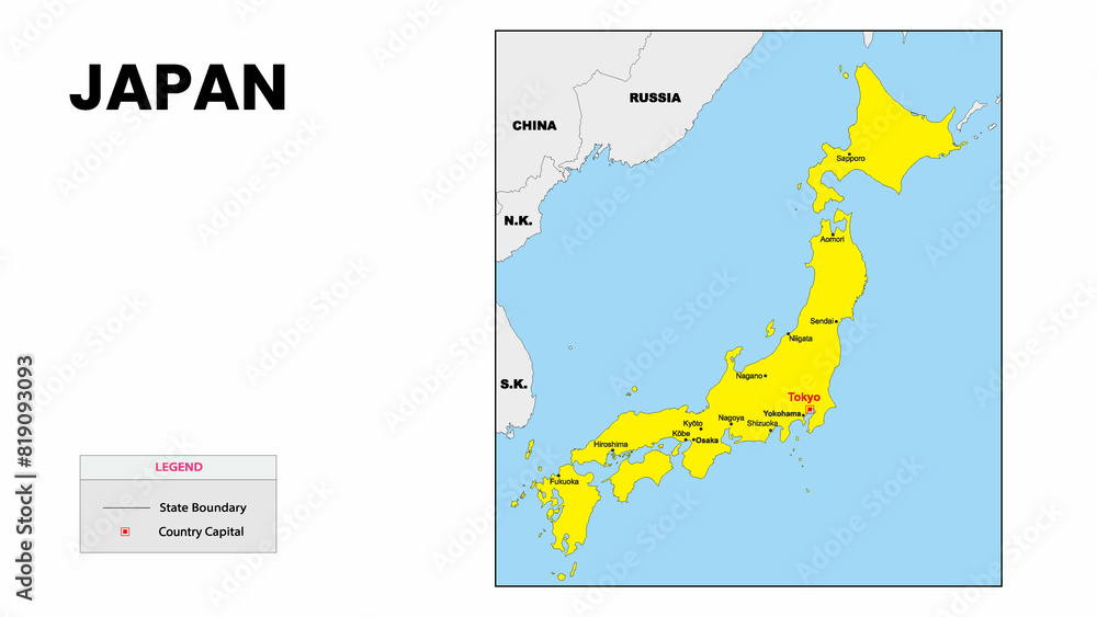 Japan Map. Major city map of Japan. Political map of Japan with country ...