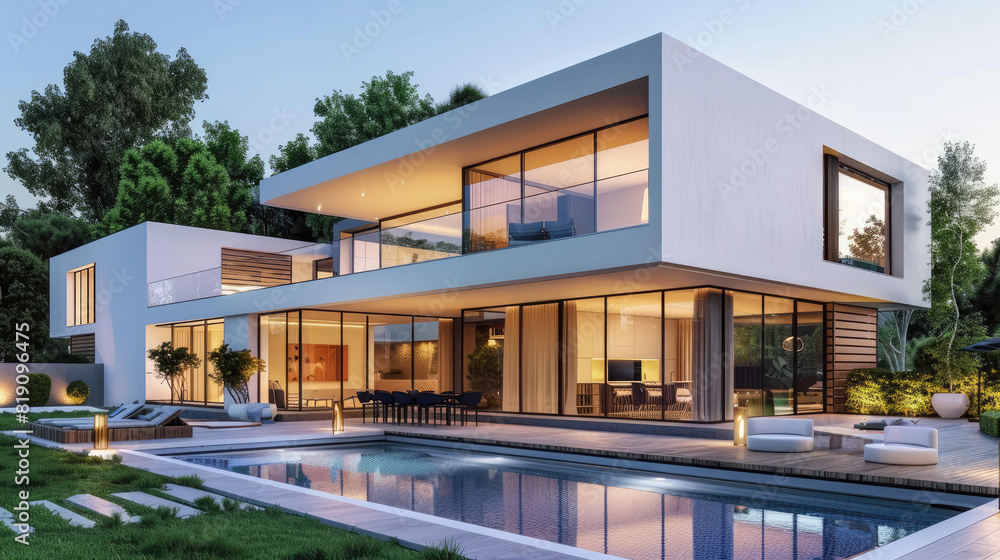 A modern two-story house with large windows, an outdoor swimming pool ...