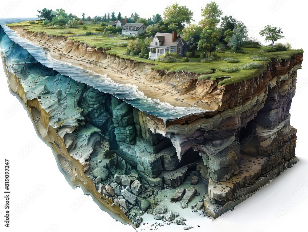 Cross-section of coastal cliffs revealing geological layers with a ...