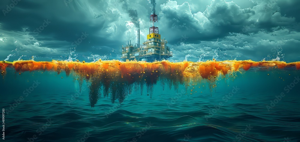 Dramatic image of an offshore oil rig with stormy skies, depicting ...