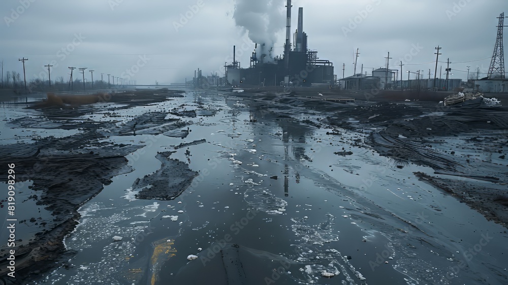 Industrial factory with smoke emissions polluting a water body ...