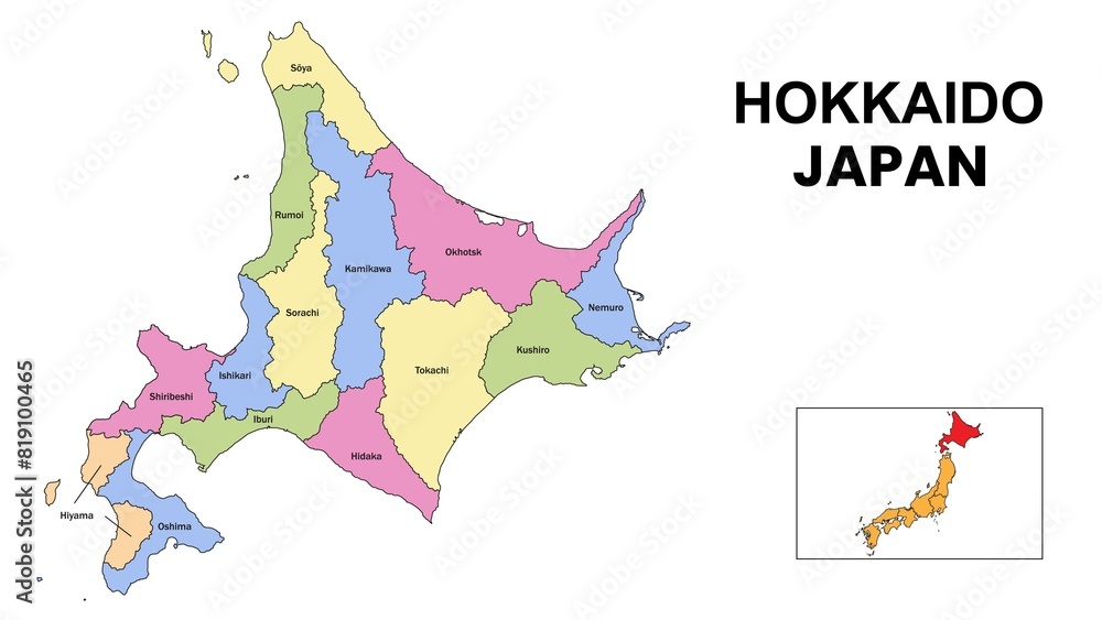 Hokkaido Map. State and district map of Hokkaido. Detailed colourful ...