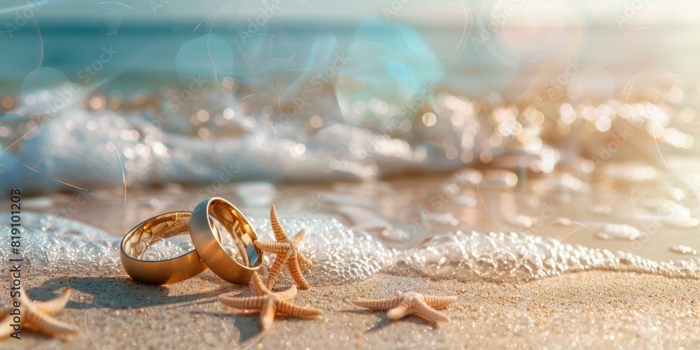 Gold wedding rings at the beach Banner design with copy space. Summer ...