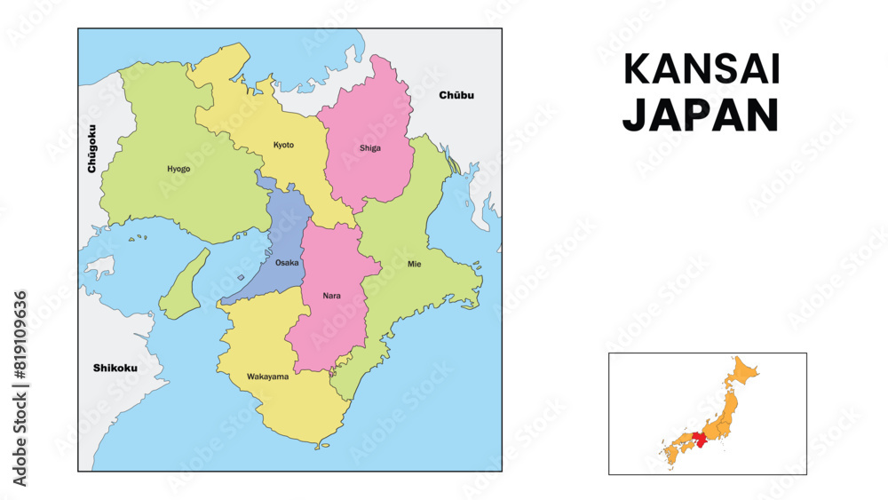 Kansai Map. State and district map of Kansai. Political map of Kansai ...
