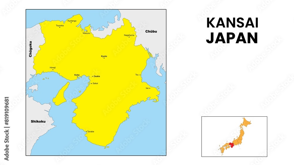 Kansai Map. Major city map of Kansai. Political map of Kansai with ...