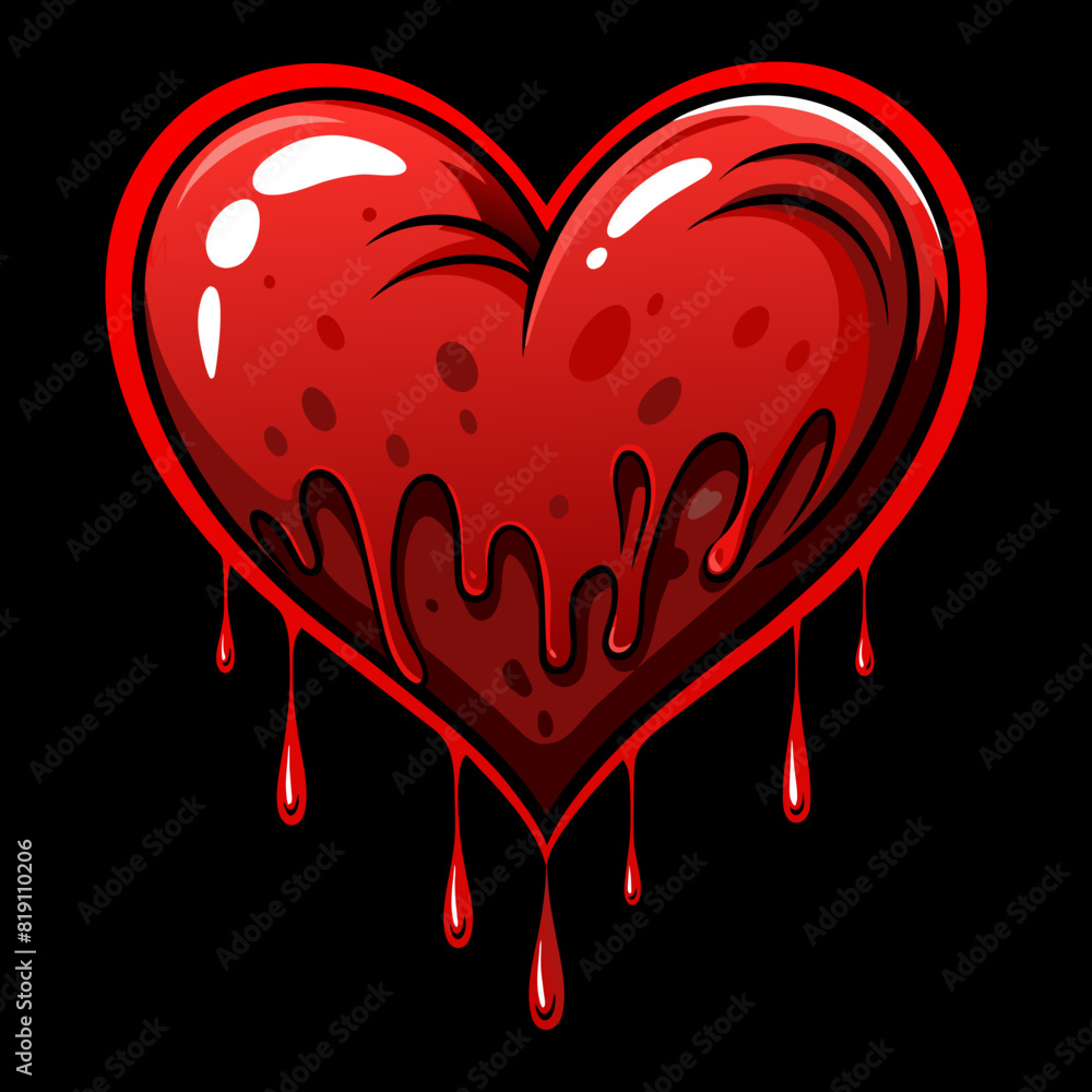 blood-red human heart with blood streaks on a stark black background ...