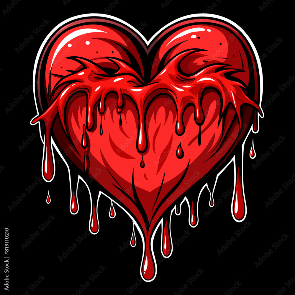 blood-red human heart with blood streaks on a stark black background ...