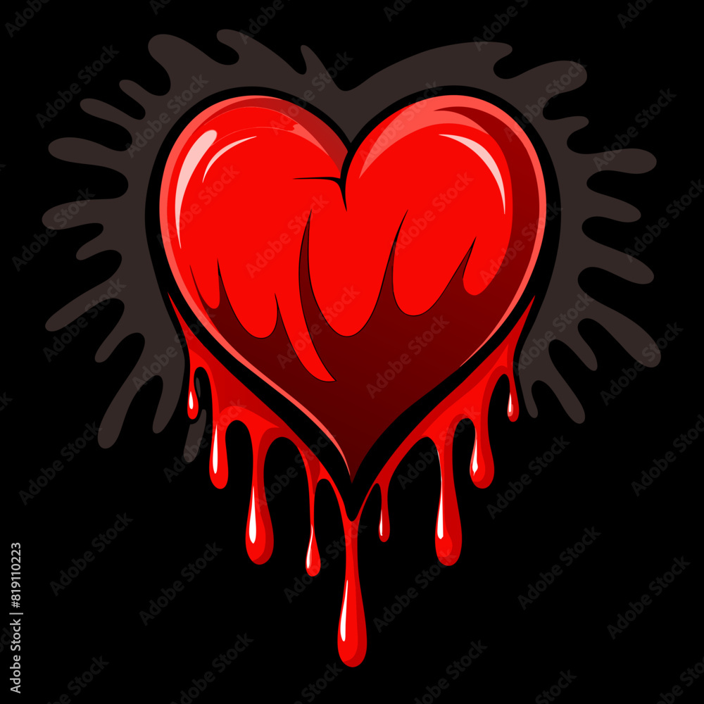 blood-red human heart with blood streaks on a stark black background ...