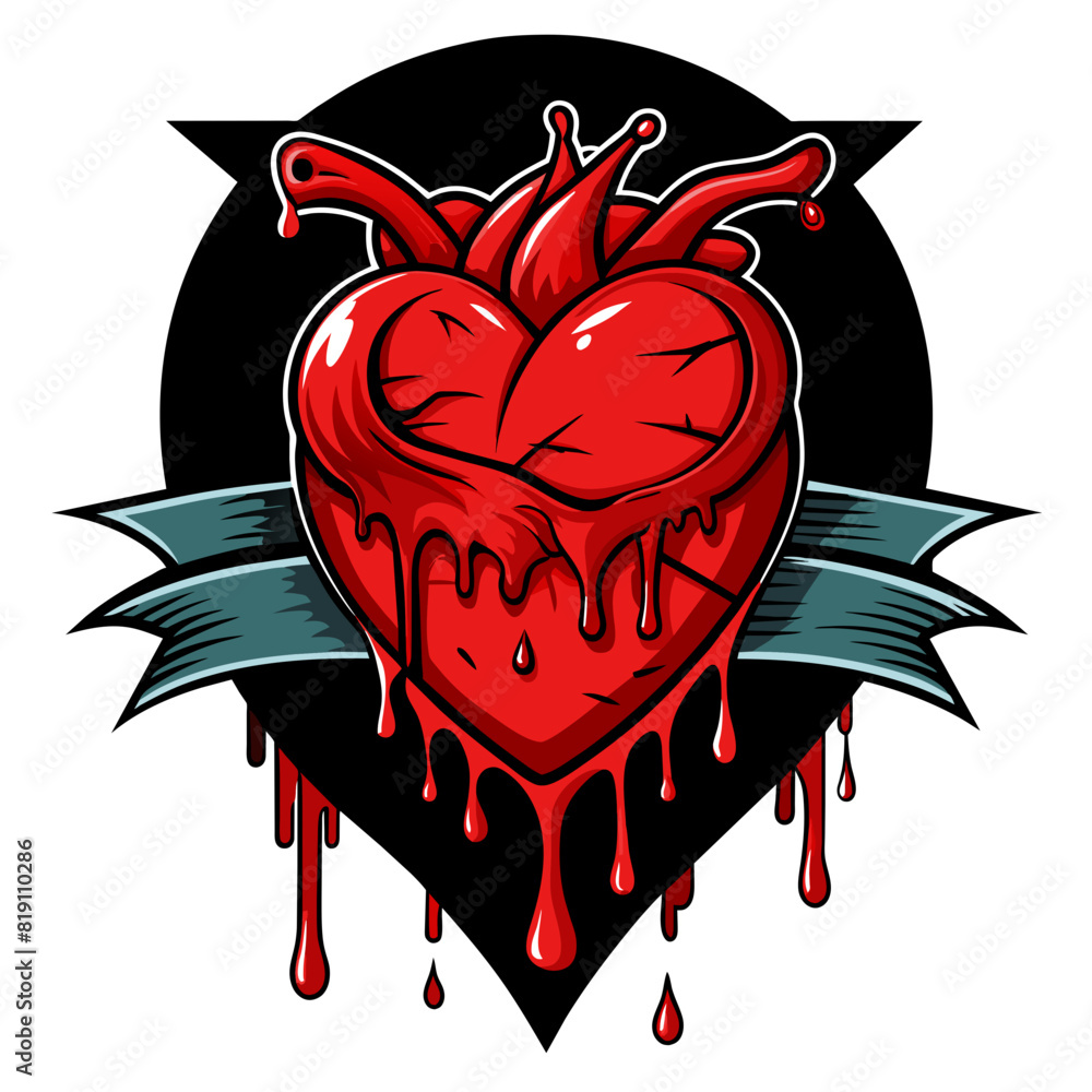blood-red human heart with blood streaks on a stark black background ...