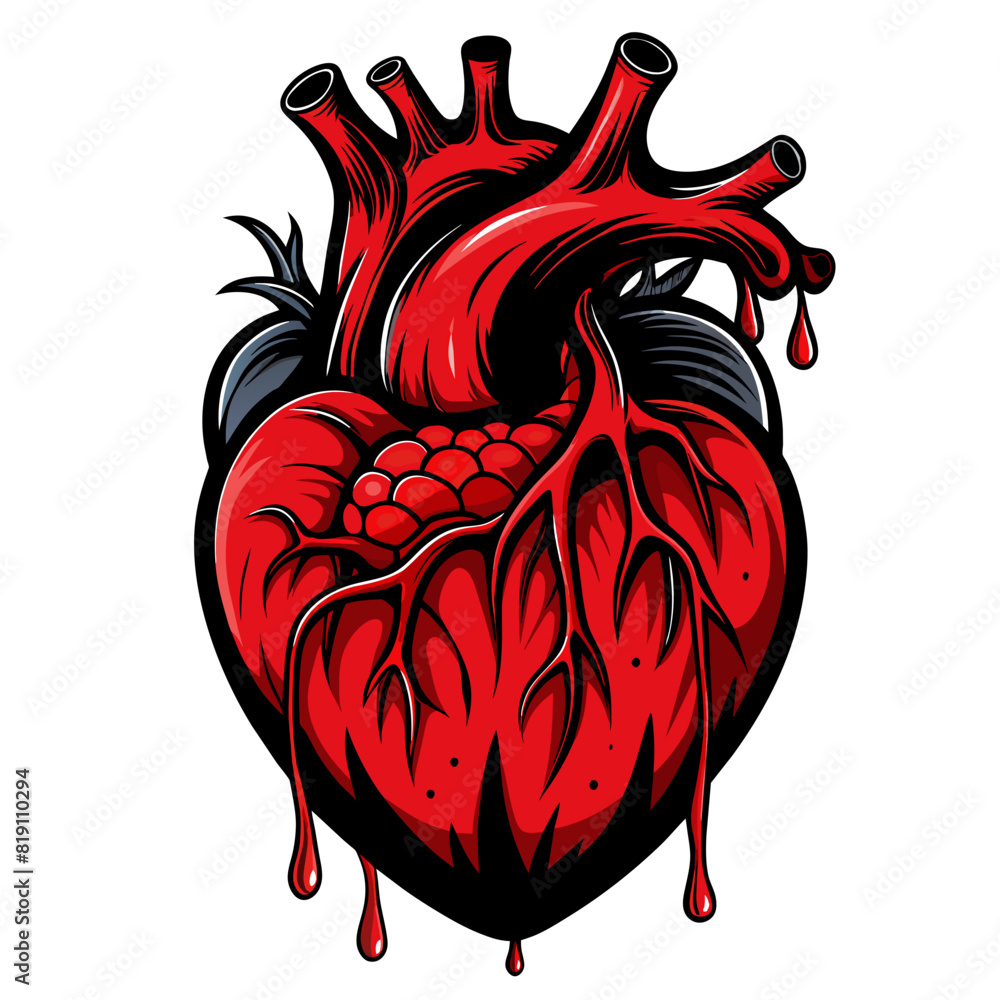 blood-red human heart with blood streaks on a stark black background ...