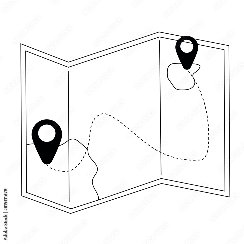Vector outline illustration of paper map with route. Folded map icon ...