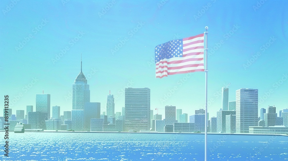 American flag against a blue sky, ample copy space, no people ...