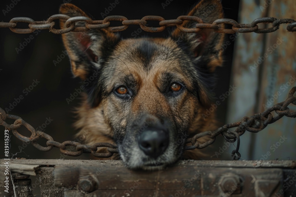 Heartwrenching sad dog, chained and restricted in its movements Stock ...