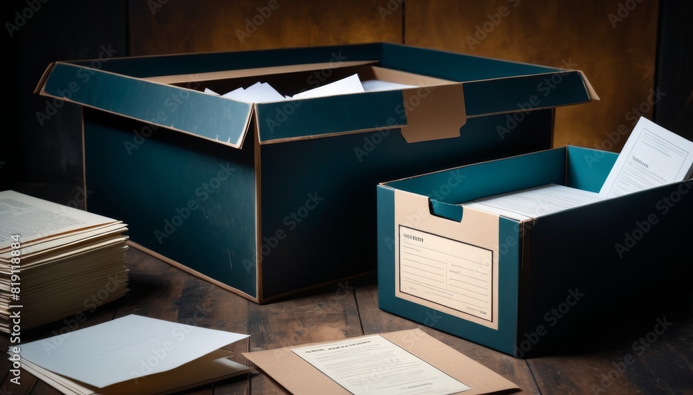 A realistic office scene depicting a large open storage box overflowing ...