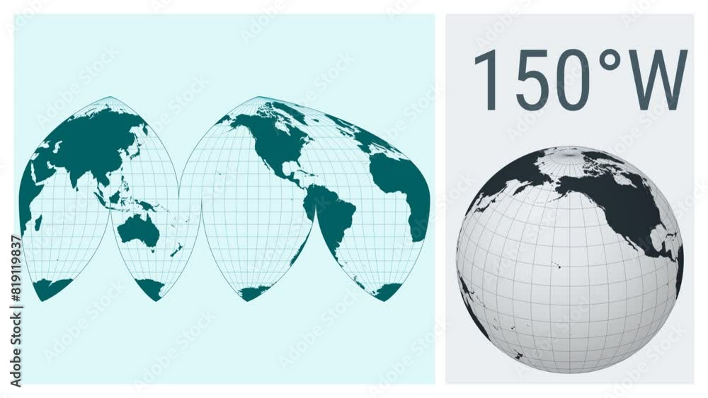 World Map Animation. Bogg interrupted eumorphic projection. Solid color ...