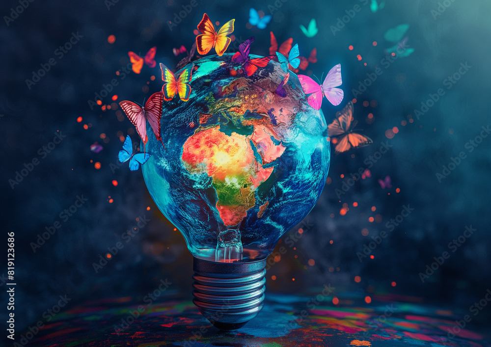 A light bulb is sitting on top of a dark background and a colorful ...