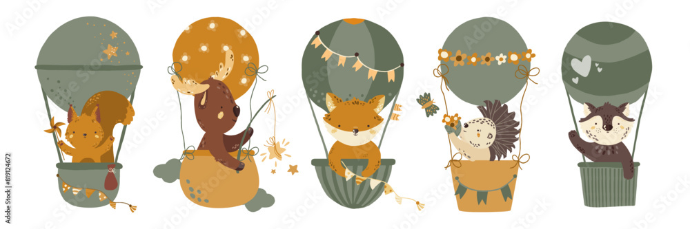Vector illustration with forest animals. A wolf, a hare, a badger, a ...