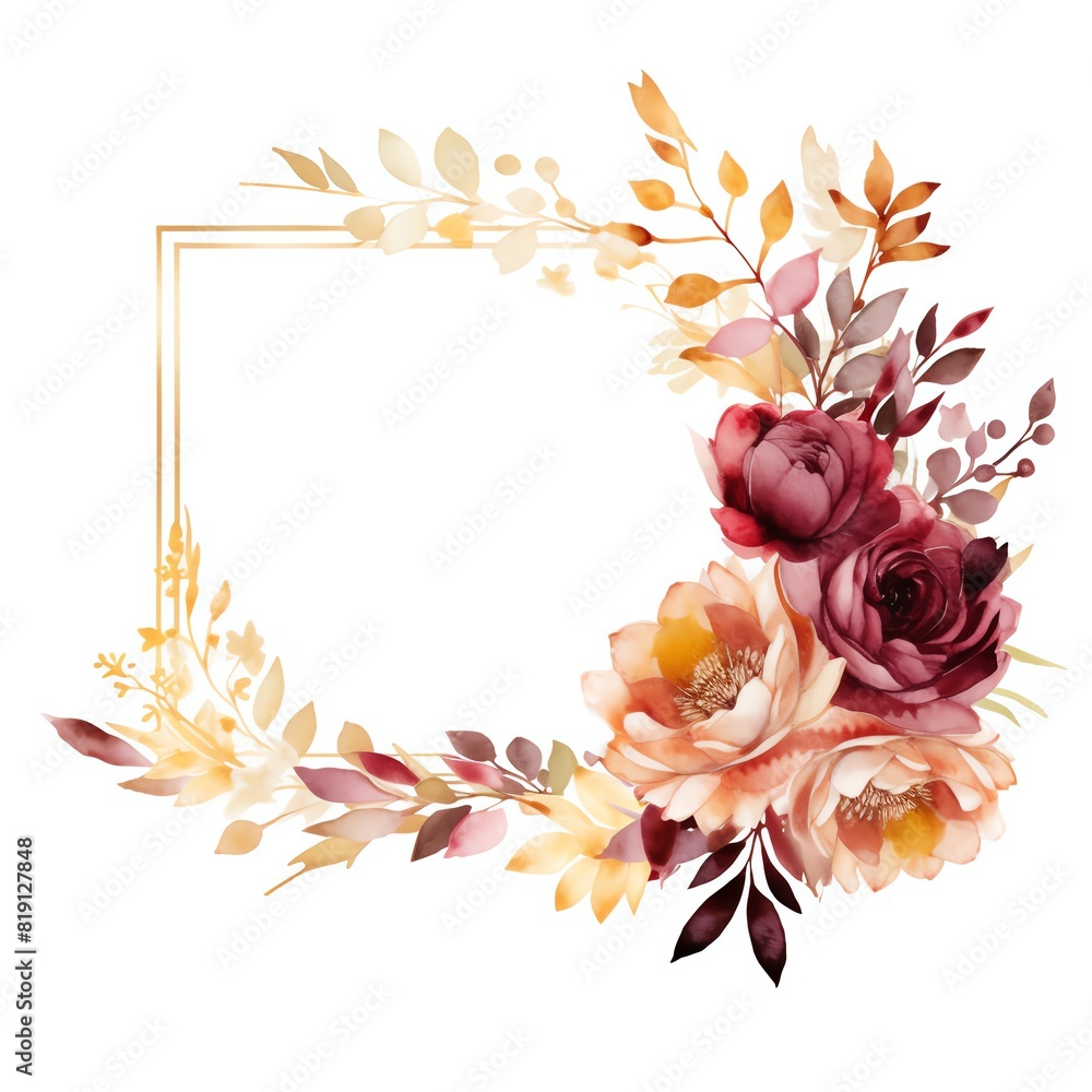 A fall wedding frame with maroon and gold flowers, watercolor ...