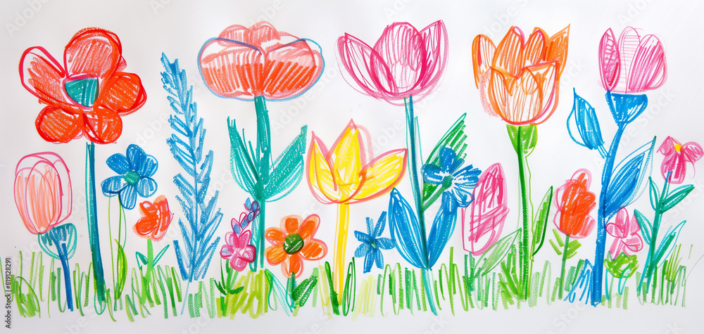 childs pencil drawing of flowers, scribble marks and pencil marks ...
