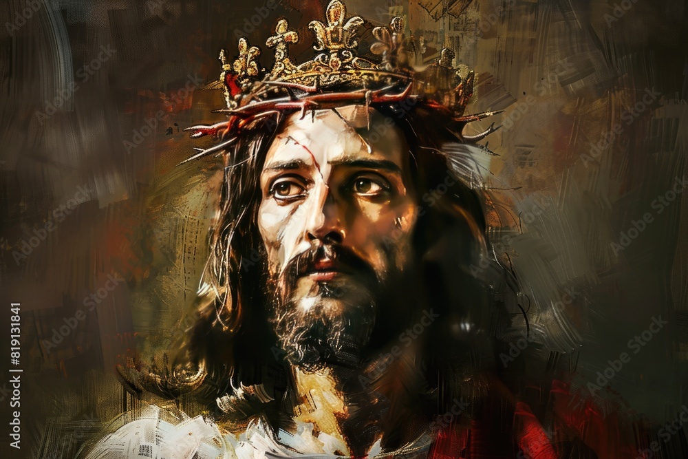 Jesus Christ with crown. Jesus is king. Digital oil painting. Stock ...