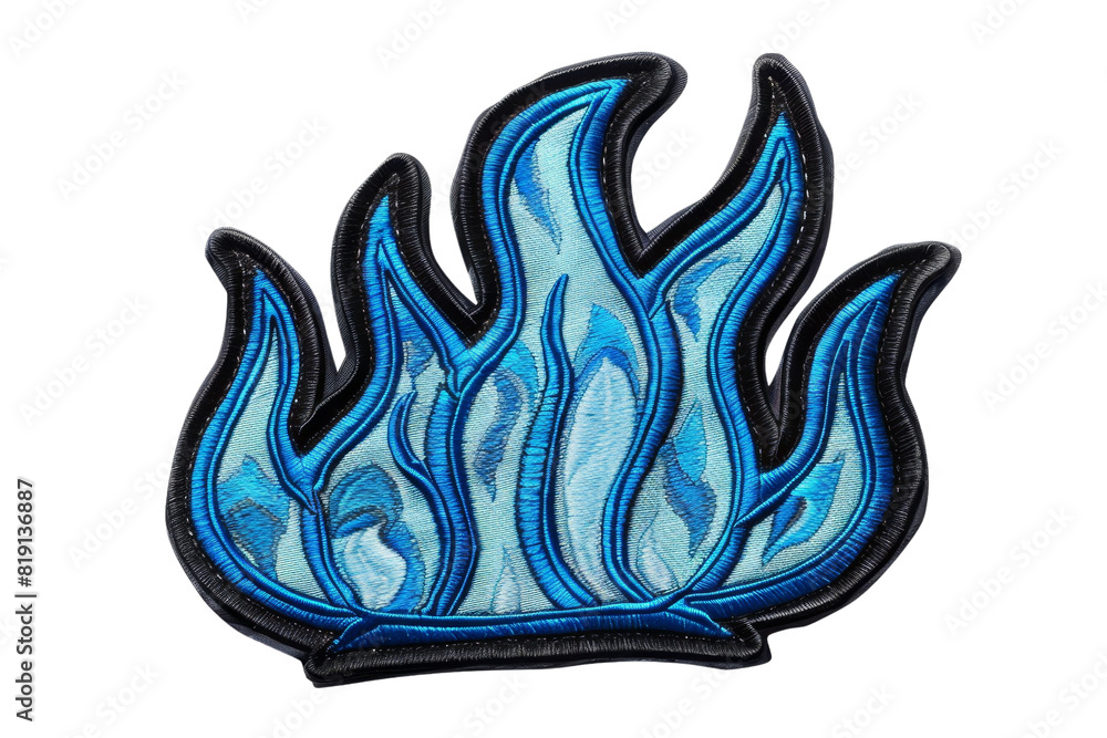 Blue flame embroidery patch design, isolated on transparent background ...