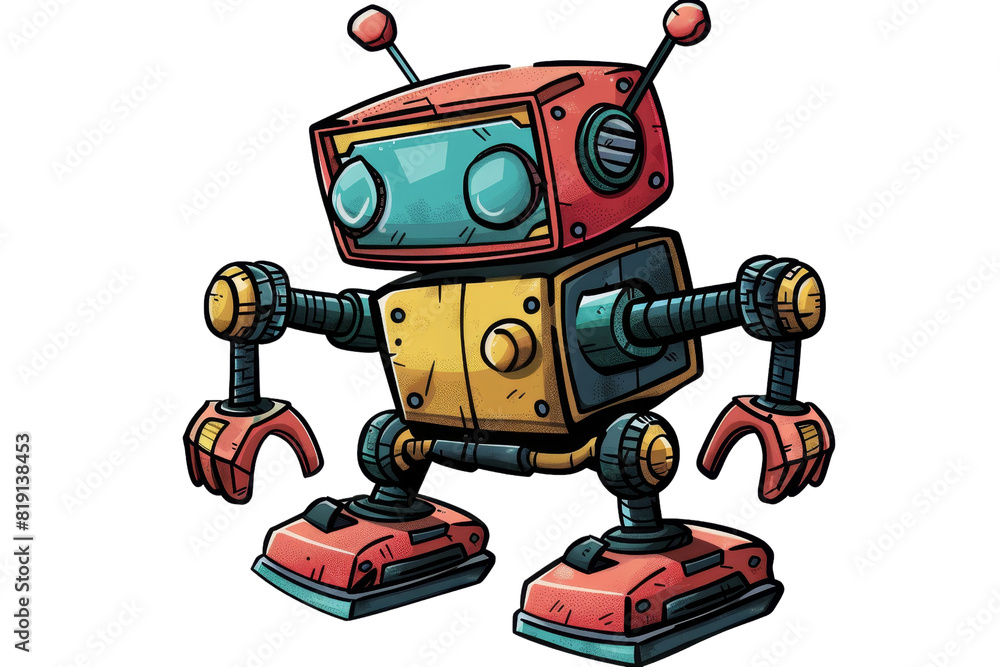 Colorful cartoon robot with antennas and mechanical arms, standing ...