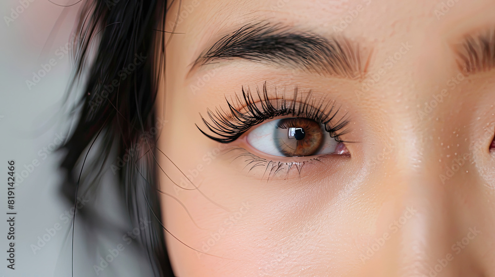 Eyelash extension procedure. Beautiful female asian eyes with long ...