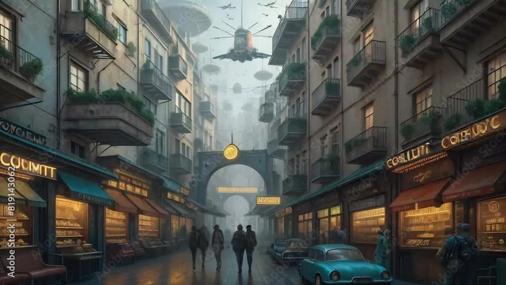 Steampunk Metropolis: Looping Animation of Futuristic City Life. Sci-fi ...