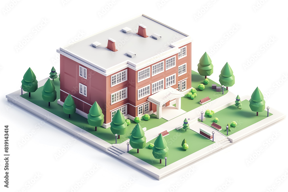 3D render modern school building with a brick exterior, surrounded by ...