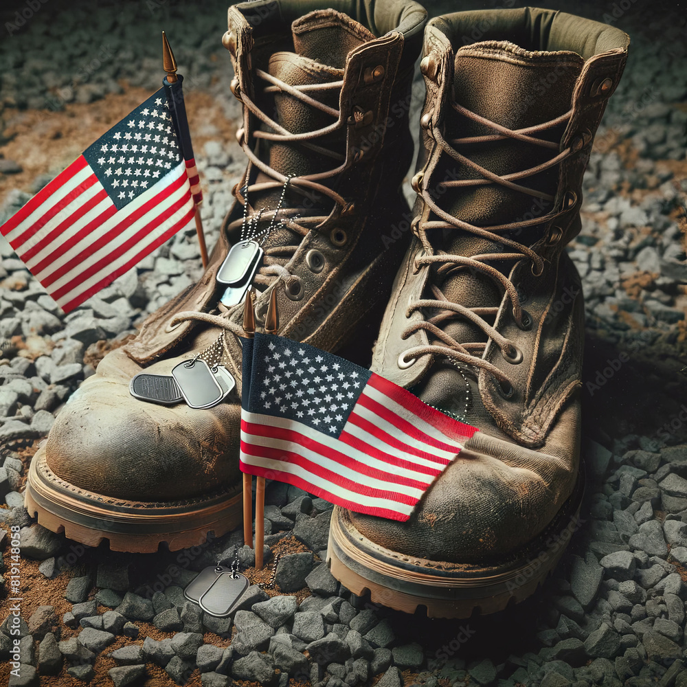 Military boots with military badges attached and small American flags ...