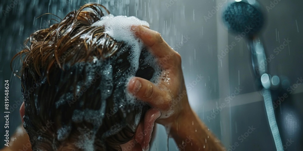 Man taking a shower and shampooing his hair in the shower washing hair ...